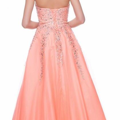 Luxury Coral Prom Dresses Long Elegant Tulle Beaded Evening Gowns ...