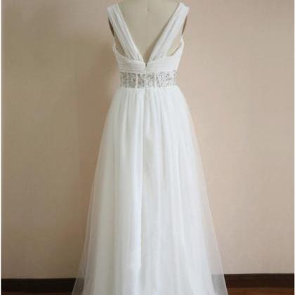 Vintage White Spaghetti Straps Prom Dresses Floor Length Organza Beaded ...