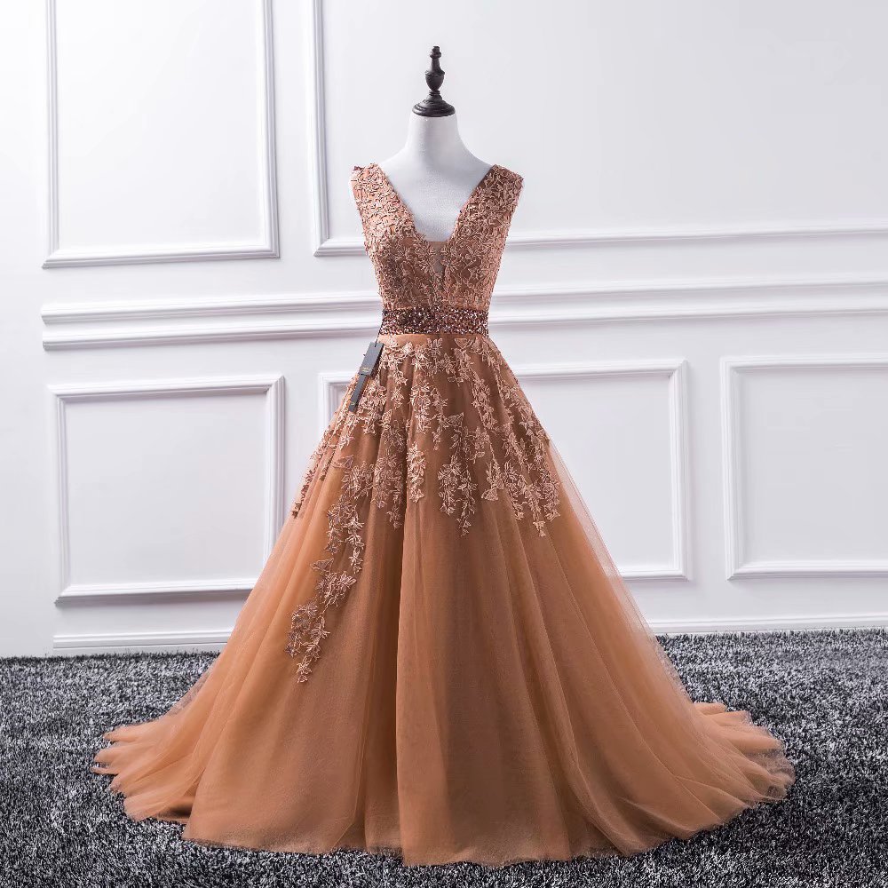 Elegant Long Coffee Prom Dresses 2019 Tulle Appliques Princess Ball ...