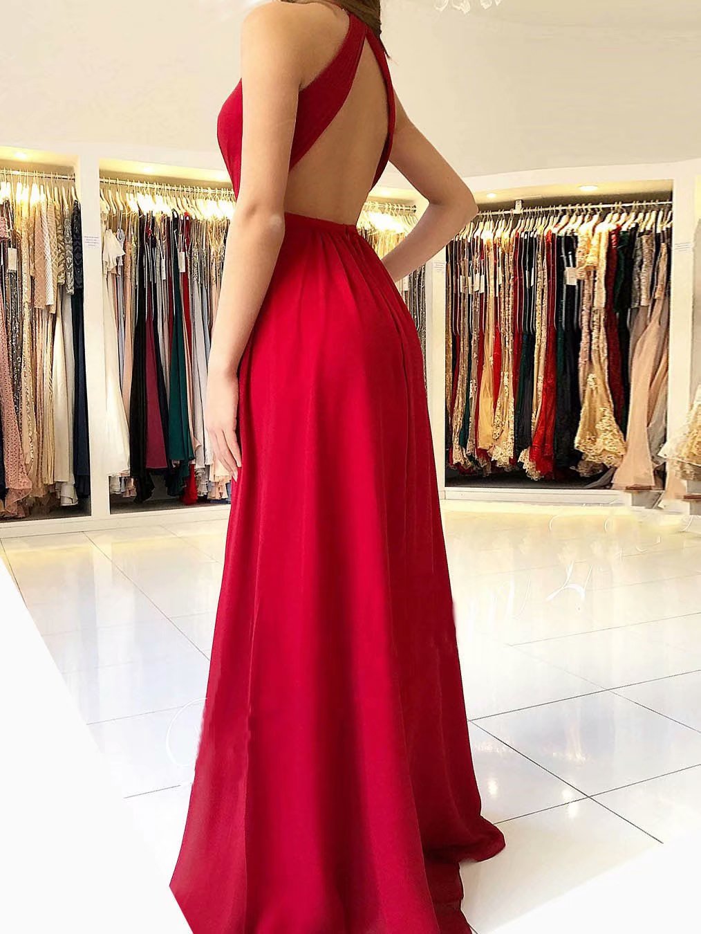 Floor Length Red Prom Gowns Chiffon Formal Dresses With Deep V Neckline ...
