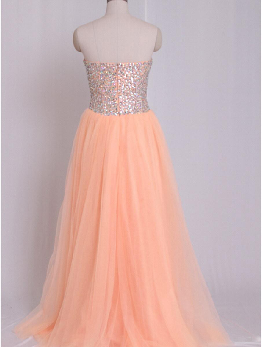 Sparkly Rhinestones Embellished Prom Dresses Sweetheart Tulle Coral ...