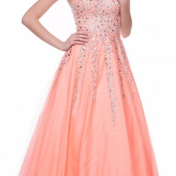 Luxury Coral Prom Dresses Long Elegant Tulle Beaded Evening Gowns ...