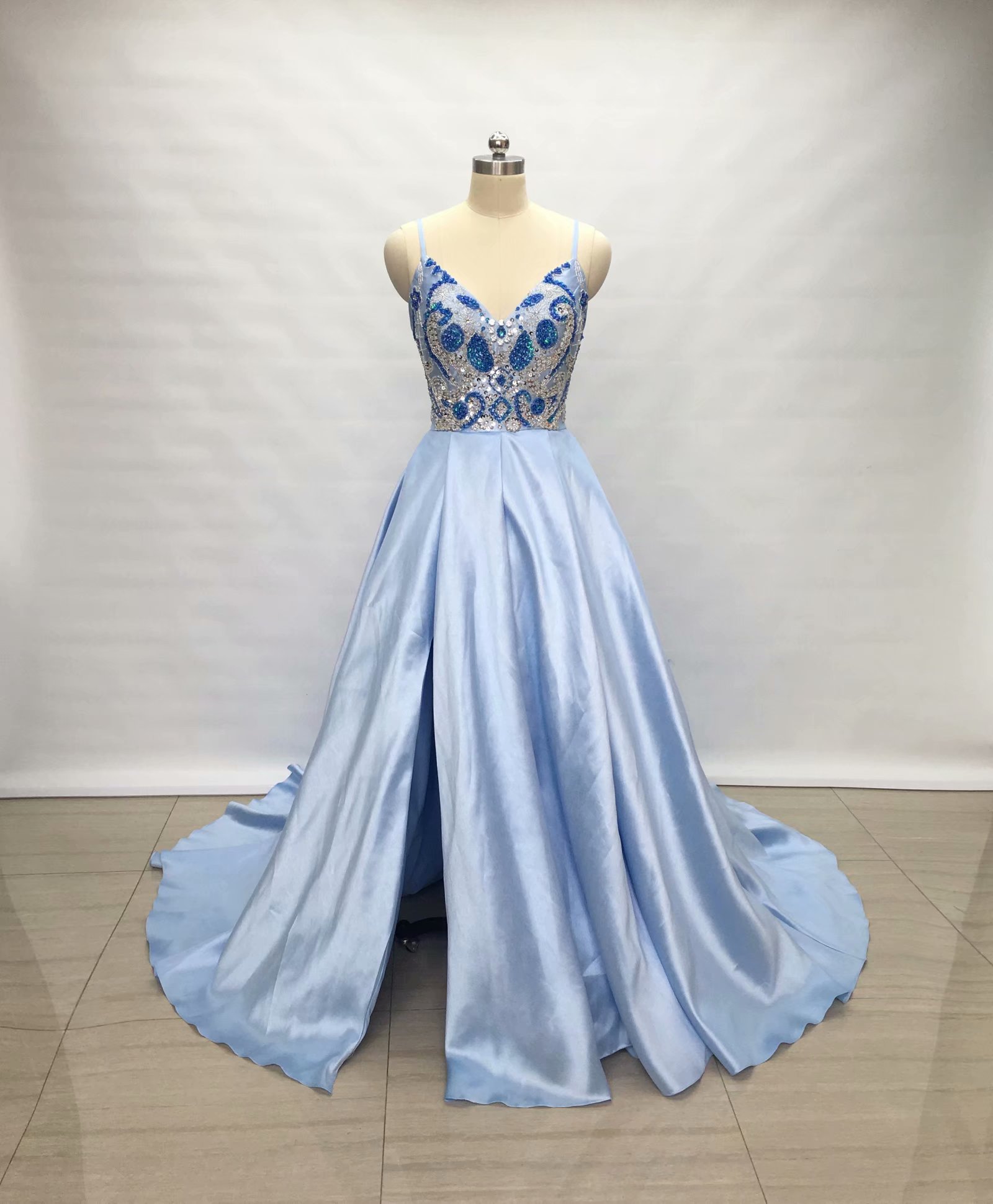 2019 Fashion Light Blue Side Split Evening Dresses A Line Satin Prom ...