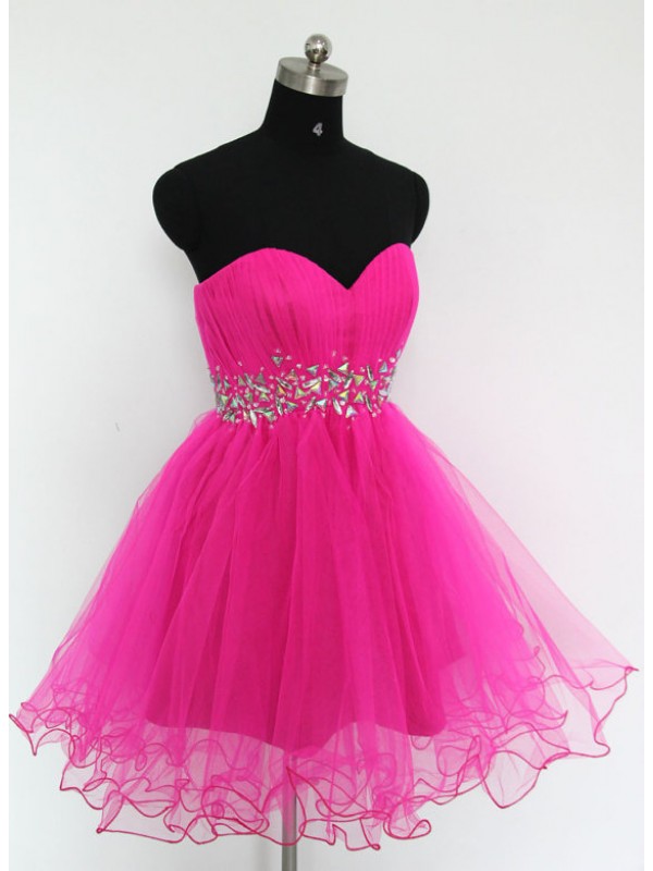 Pink Short Prom Dresses Rhinestones Sweetheart Organza Homecoming ...