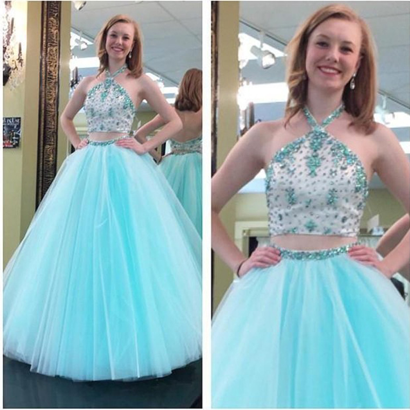 Sexy Light Blue Tulle Two Piece Prom Dresses Featuring Rhinestones ...