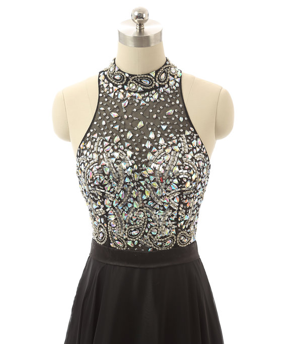 Black Halter Rhinestone Prom Dresses Featuring Beaded Bodice With Sheer ...